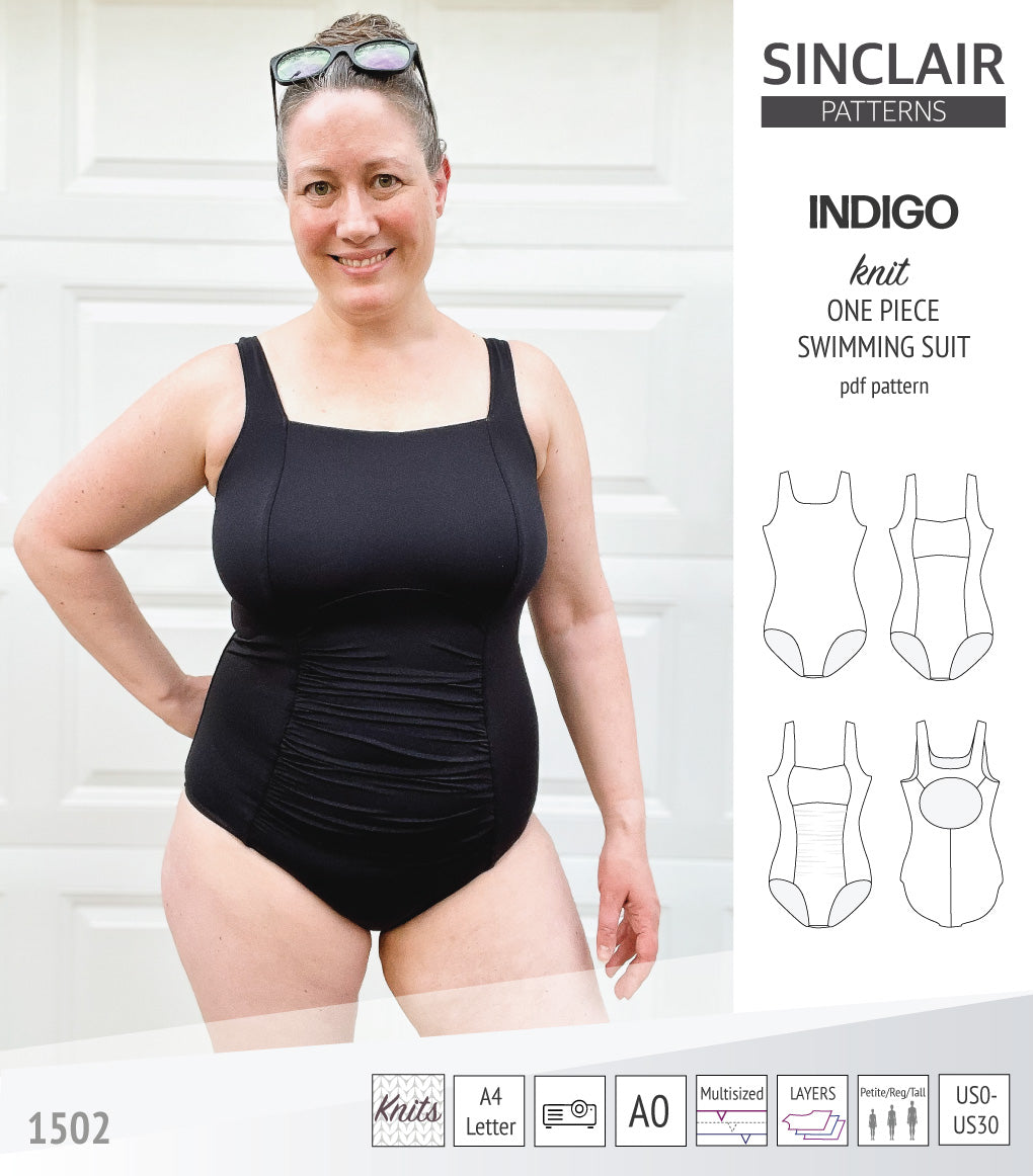 Indigo one piece swimming suit with a keyhole back and ruched front (PDF) – Sinclair Patterns
