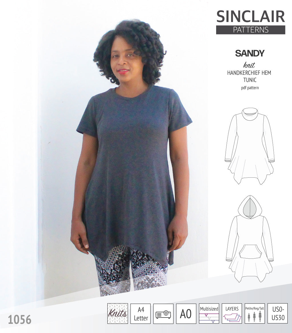 Sandy knit handkerchief hem tunic with a cowl, collar, hood and pockets ...