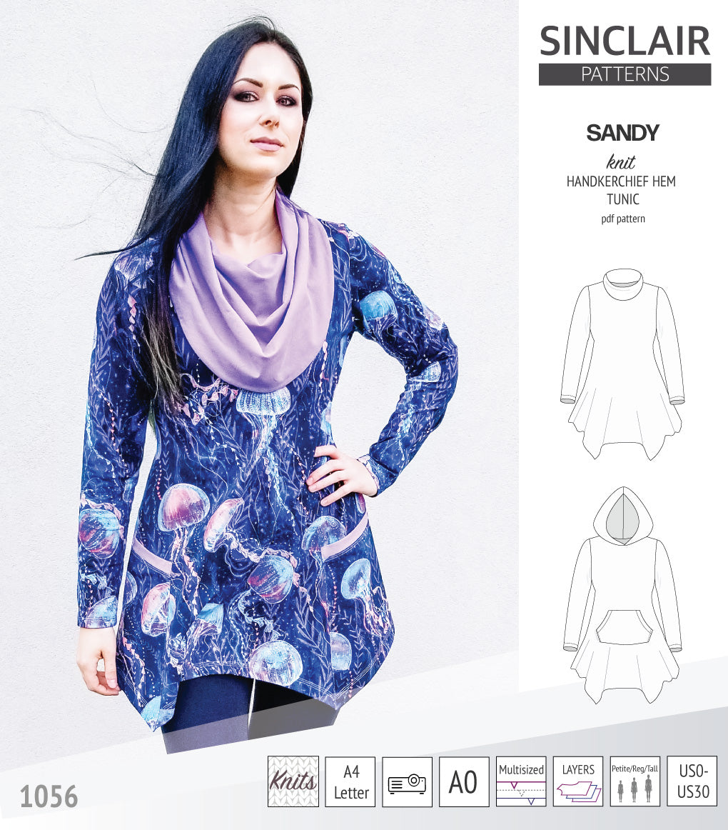 Sandy knit handkerchief hem tunic with a cowl, collar, hood and pockets ...