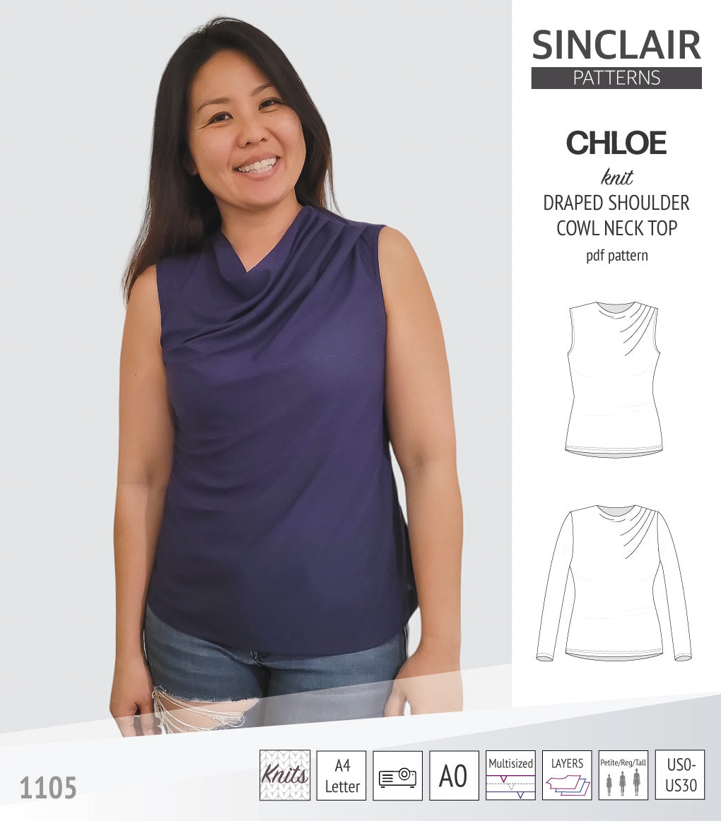 Chloe draped shoulder top with a high cowl neck (PDF) – Sinclair Patterns